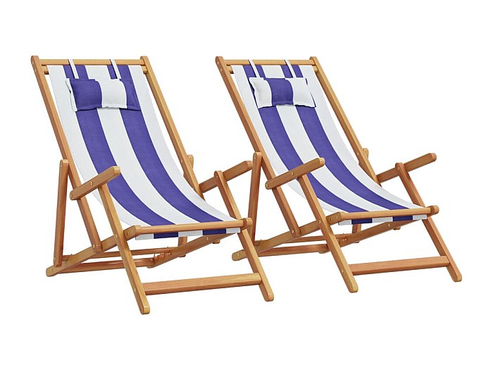 Cadeiras de praia dobráveis 2 peças tecido/madeira azul/branco