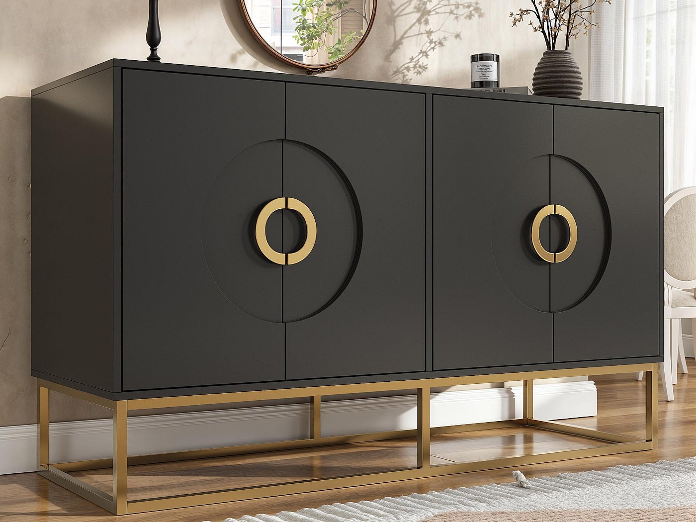 Buffet moderne 140x38.5x82.5cm - 4 portes - Anneau de traction rond ...