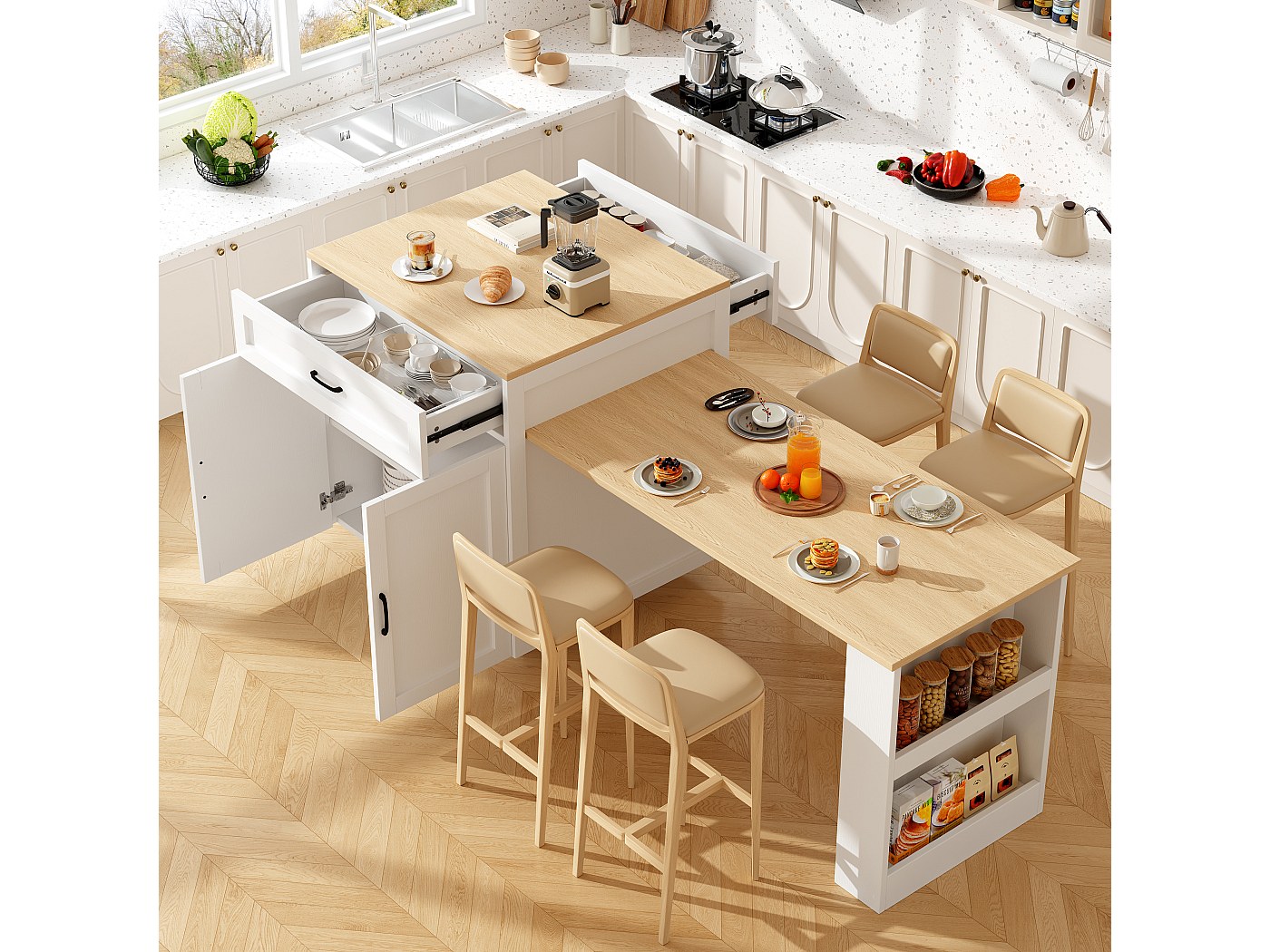 Ilot central de cuisine avec 2 portes et 2 tiroirs - Plateau extensible ...