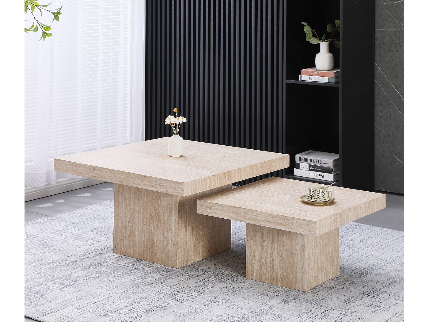 Lot de 2 tables basses - Effet travertin beige - LILI
