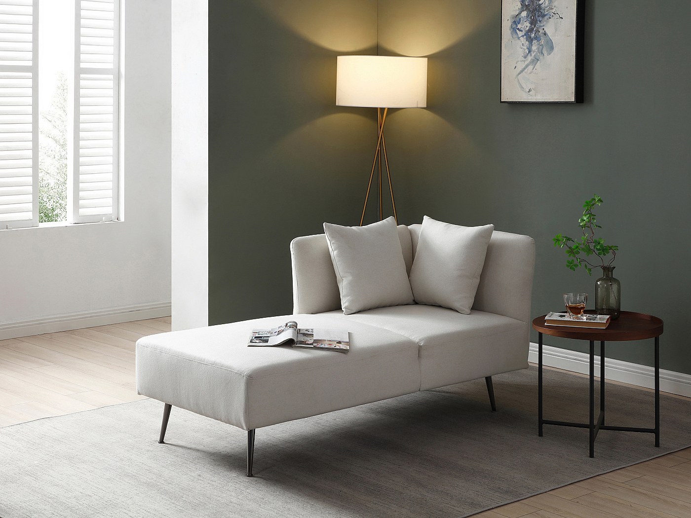 Méridienne gauche en tissu crème avec piètement en métal noir NAPASA