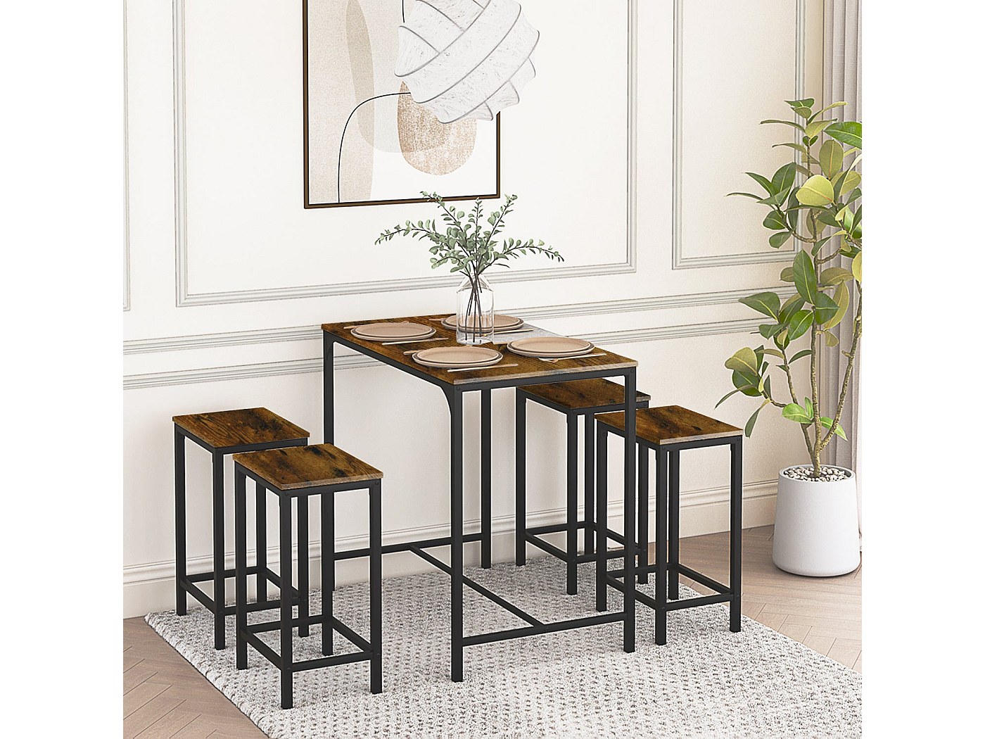 Ensemble Table de Salle à Manger, Table de Bar et chaises de Bar, Table Haute et 4 Tabouret -Marron
