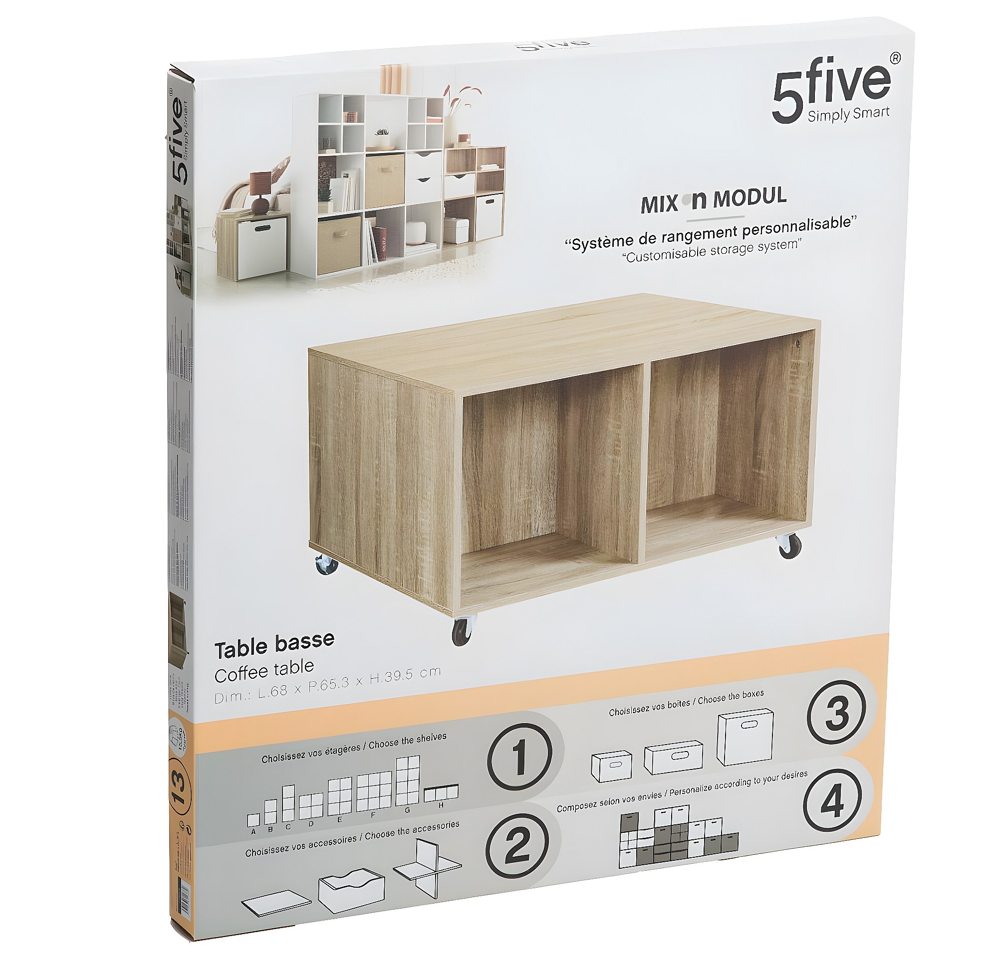 Table Basse en bois naturel 4 cases sur roues