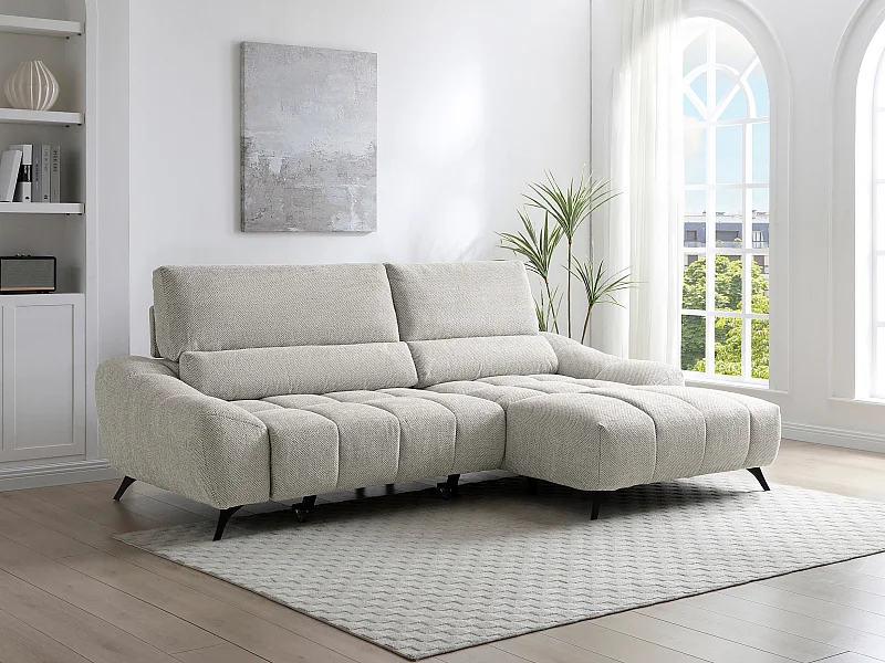 Canapé d'angle droit relax avec assise coulissante en tissu beige ELOSIA
