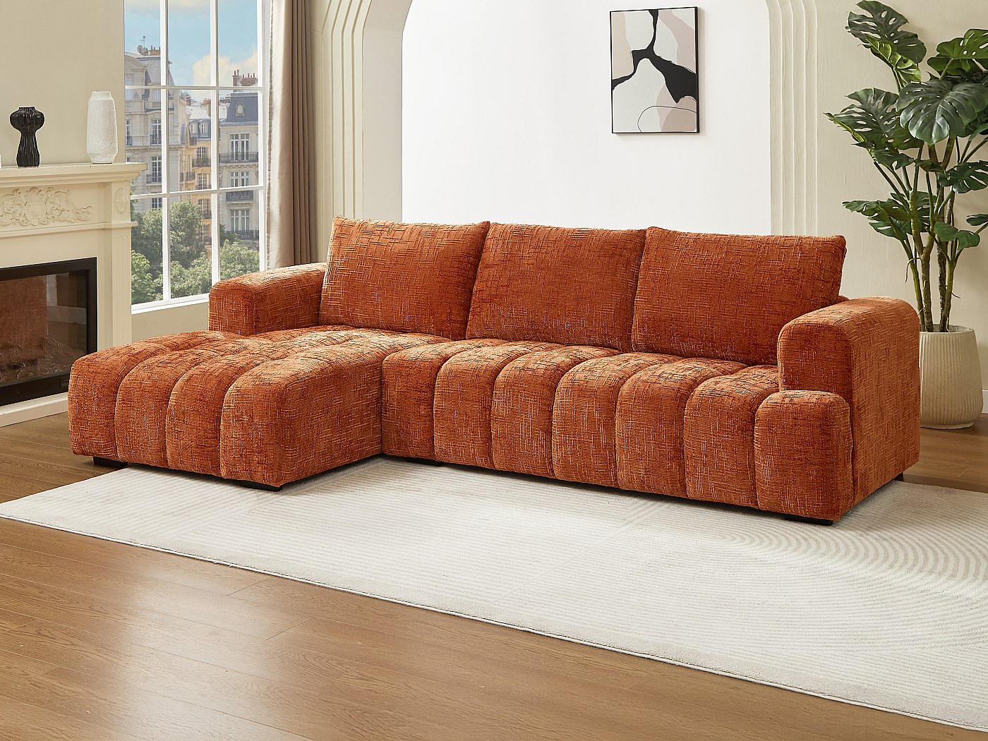 Sofá de canto esquerdo em tecido texturizado terracota BENOLA