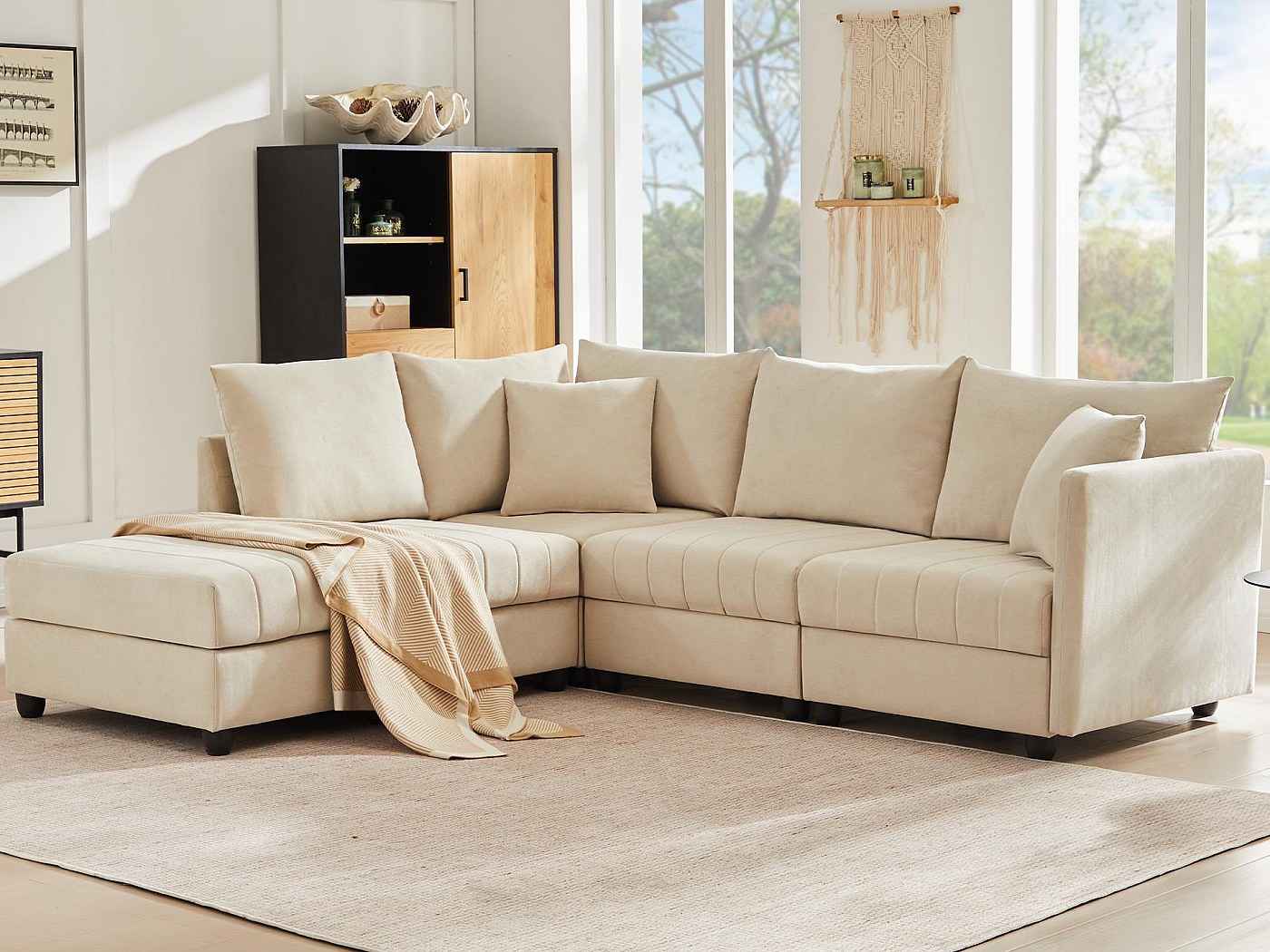 Divano angolare contemporaneo - 5 posti - con poggiapiedi convertibile - forma a L - beige