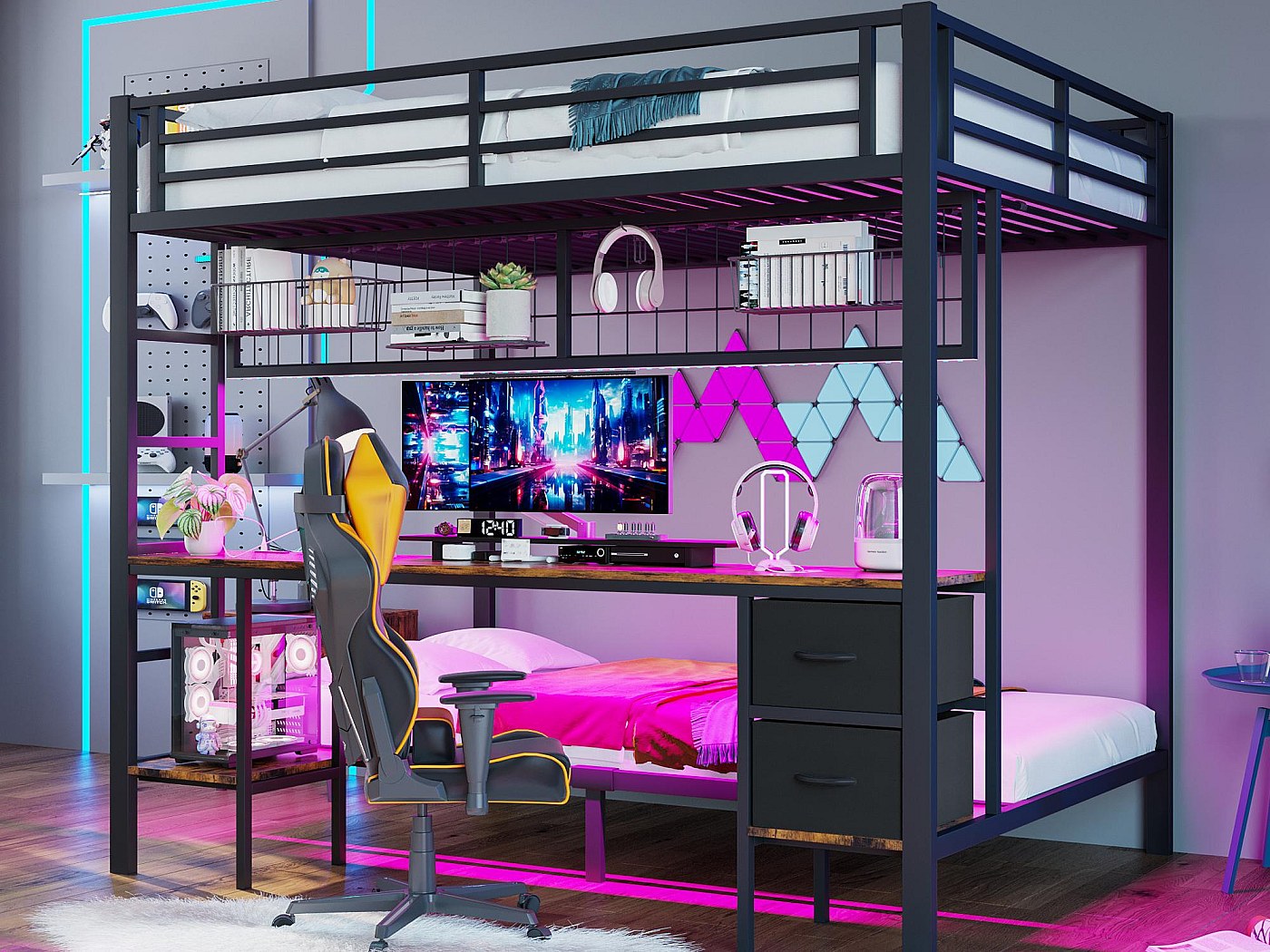 Lit superposé 140x200cm - avec tiroir - avec bureau - avec éclairage ...