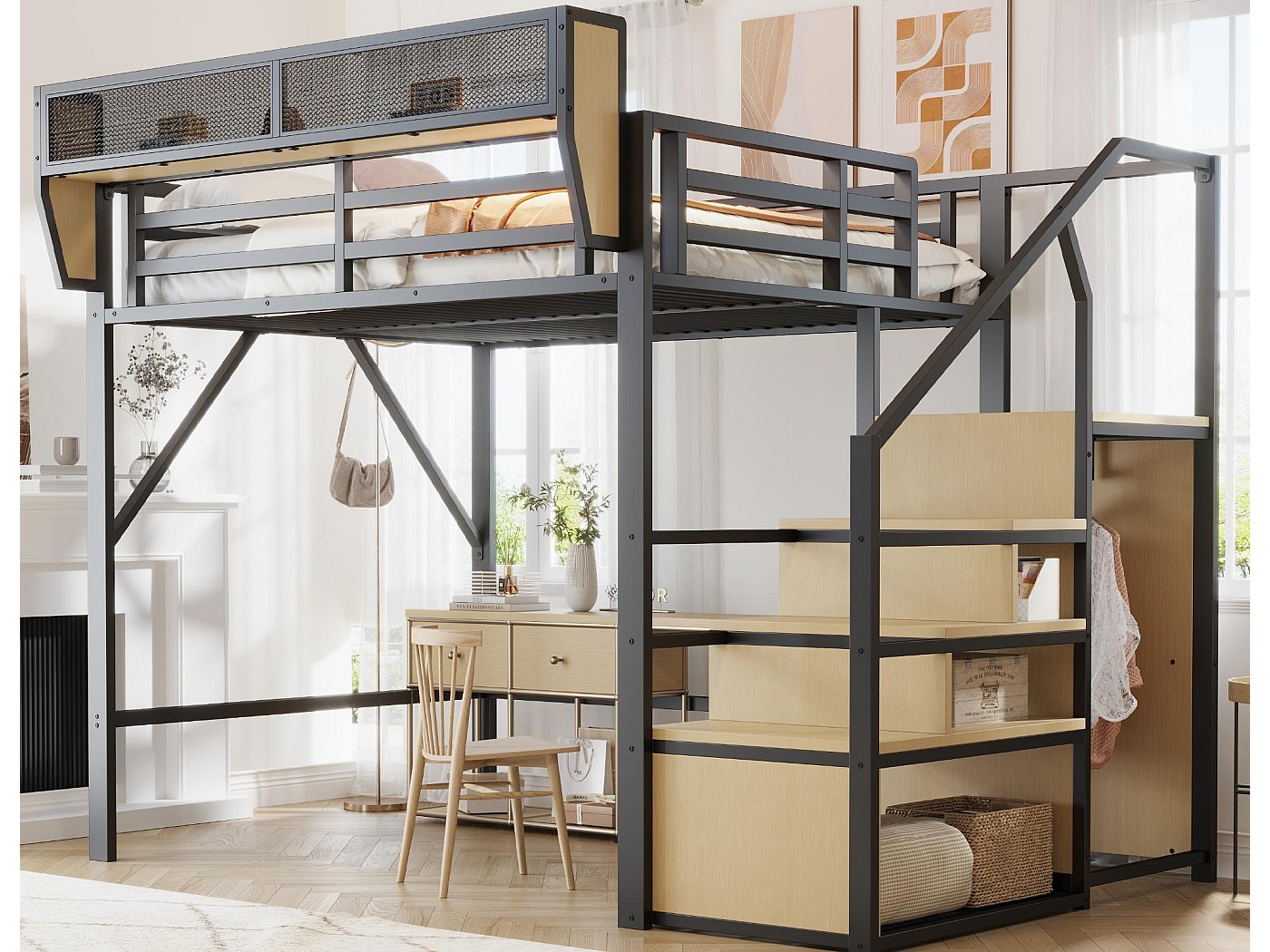 Łóżko antresola 140×200 cm - z drabinką - modułowe schowki - metalowe ...