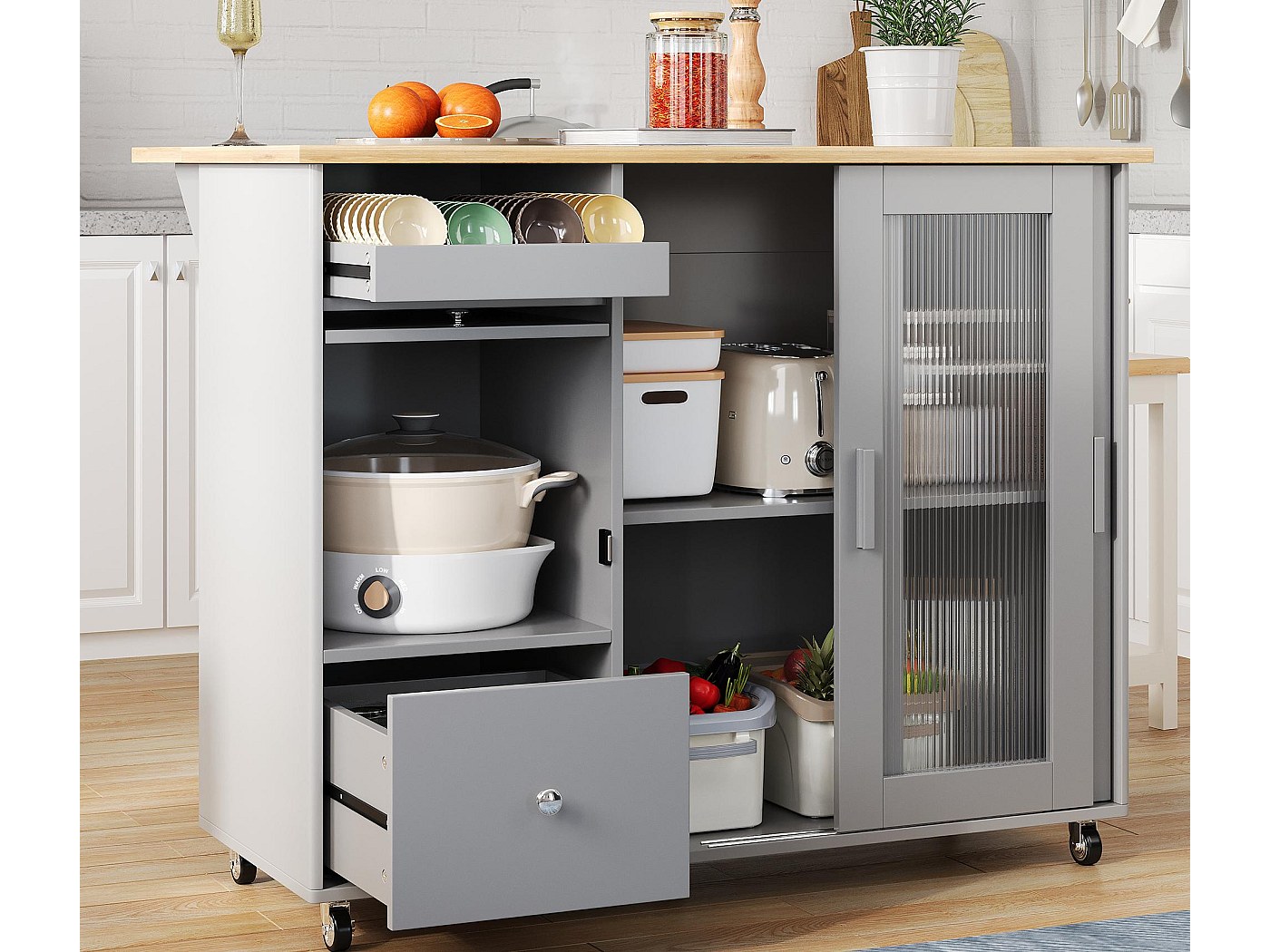 Isla de cocina móvil central - encimera extensible - 2 cajones y 2 ...