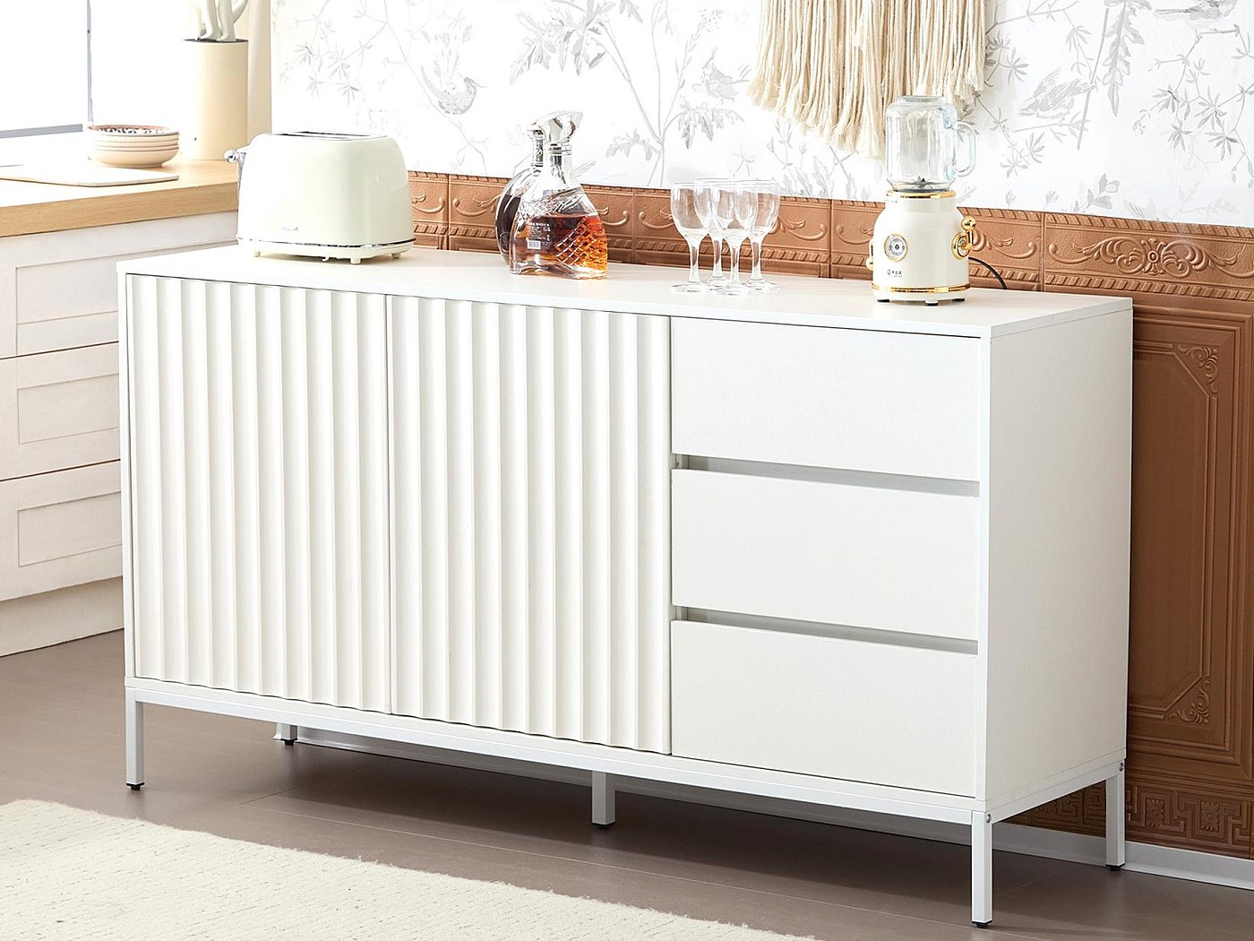 Buffet moderno 150×40×79 cm - con 2 puertas y 3 cajones - blanco