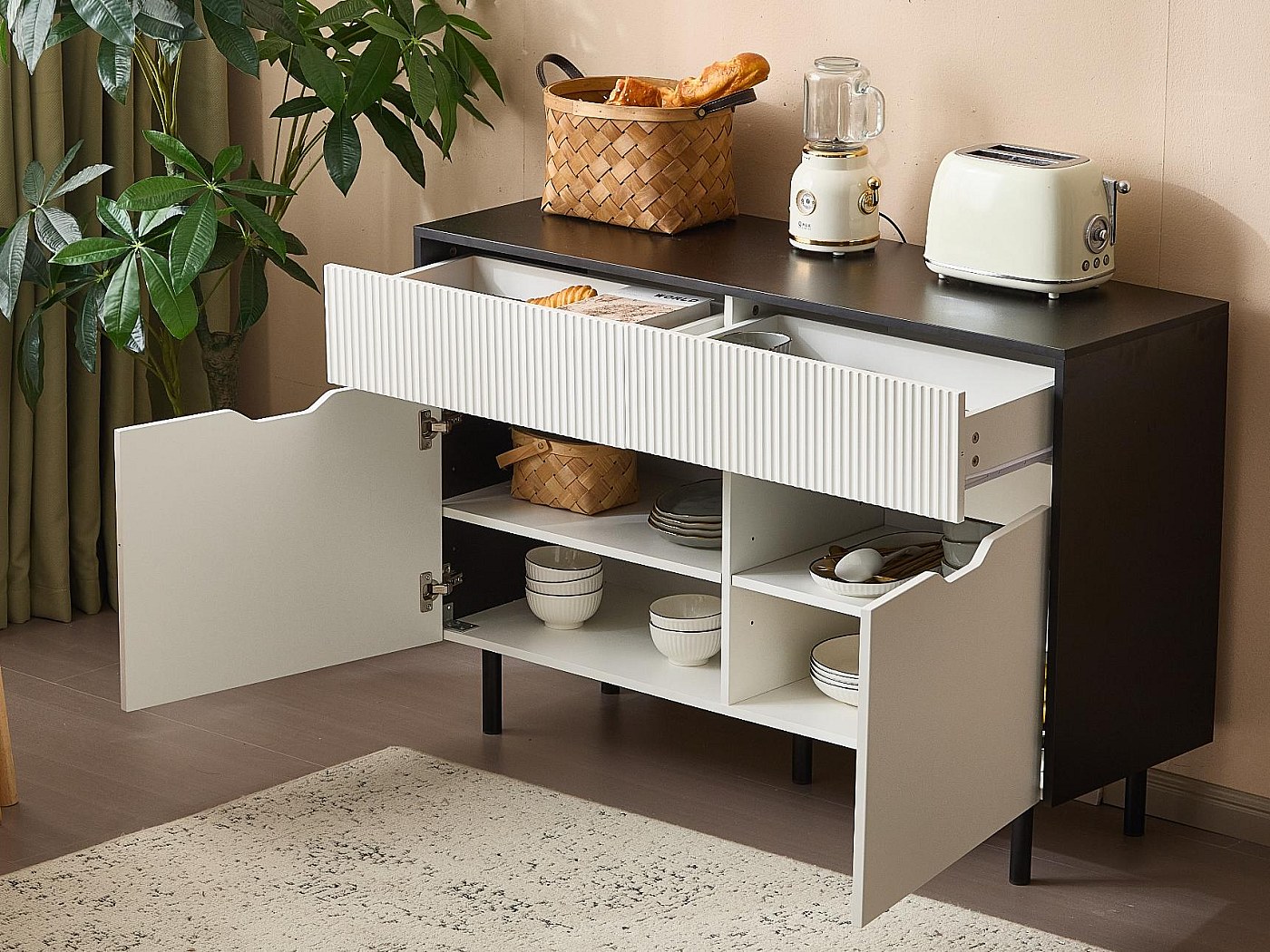 Buffet moderne 120x40x80cm - avec 2 portes et 2 tiroirs - Blanc+Noir