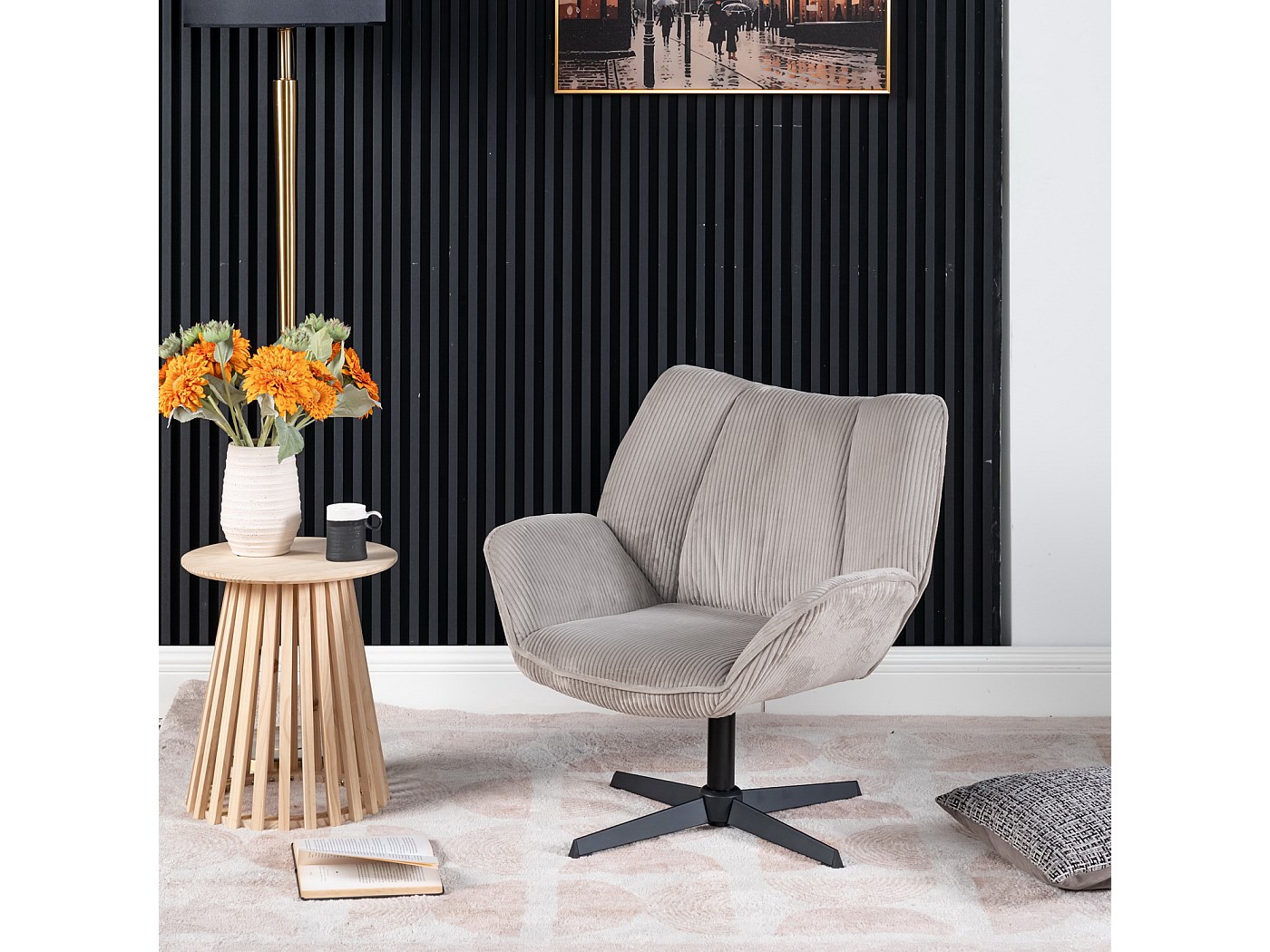 Fauteuil pivotant réglable en hauteur sans accoudoir en velours côtelé ...