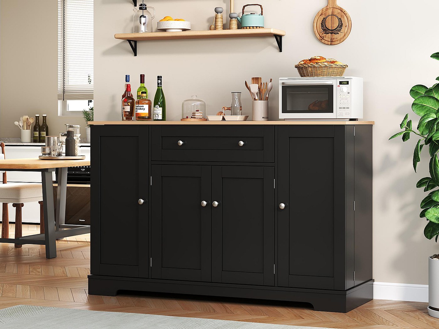 Buffet moderno 138×40×85 cm - com 2 portas e 1 gaveta - 2 portas com prateleiras - preto+natural