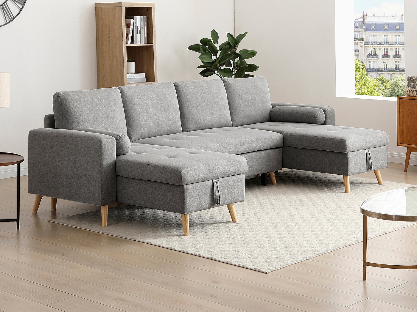 Canapé d'angle panoramique convertible en tissu gris clair KORI