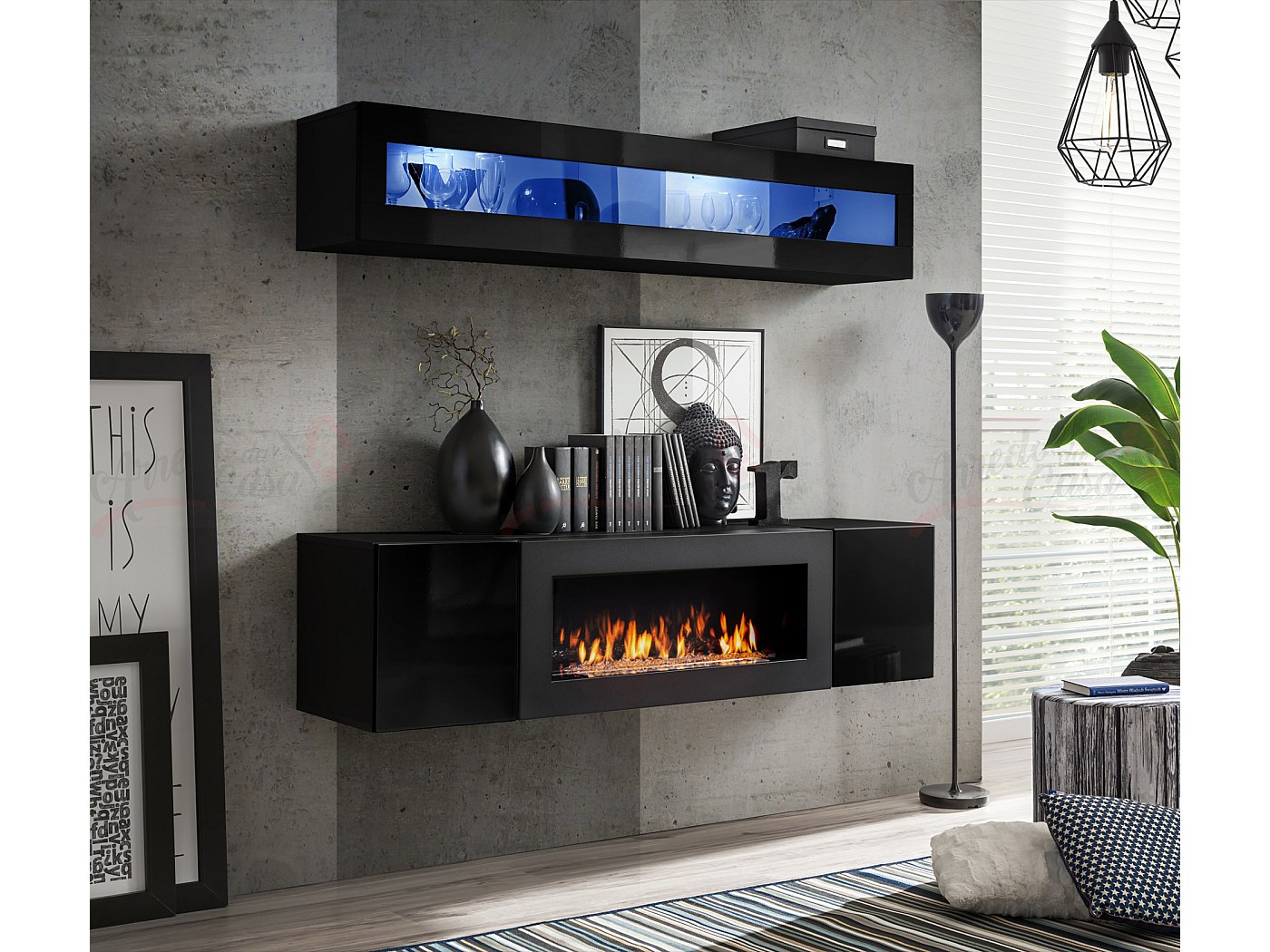 Parete attrezzata sospesa con vetrina orizzontale e luci LED e ...