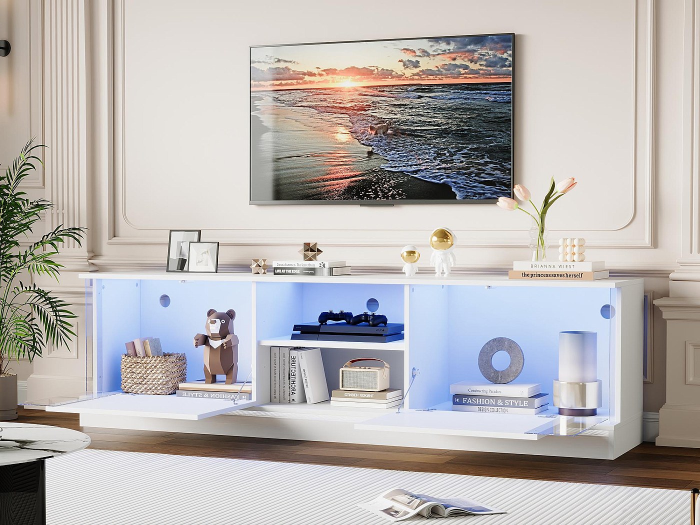 Meuble TV brillant - Avec étagères de rangement - Avec 2 portes - Pour ...