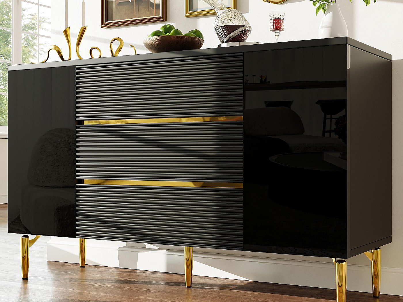 Buffet moderno 120×40×73 cm - com 3 gavetas e 2 portas - MDF - preto