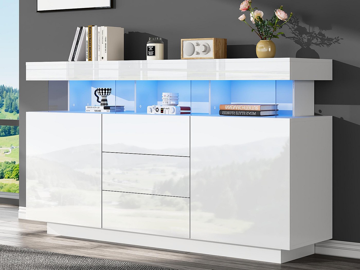 Buffet moderno - con striscia LED luminosa a 16 colori - 3 cassetti - 2 ...