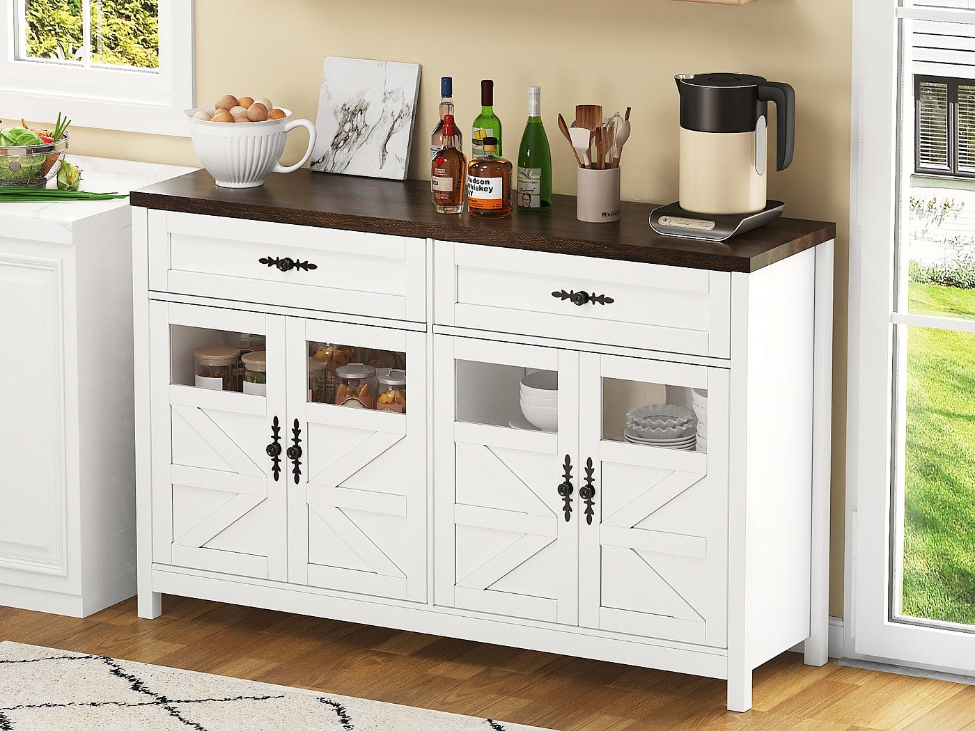 Moderne buffetkast 140×39×90 cm - met 4 deuren en 2 laden - wit+bruin