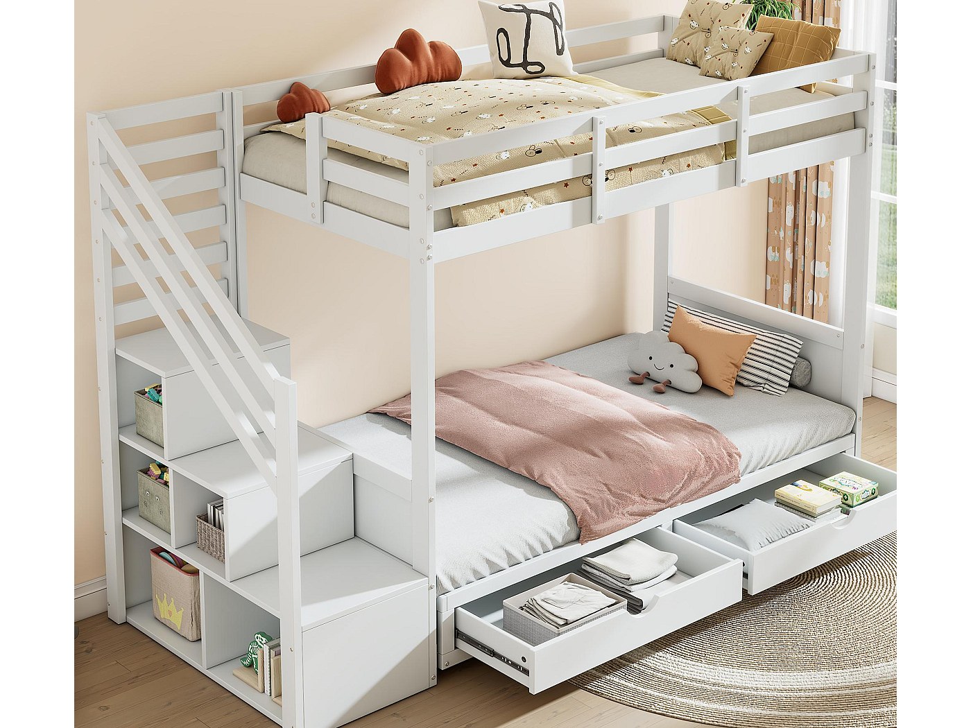 Letto a castello 90x200 cm - con scala contenitore e parapetto - con 2 ...