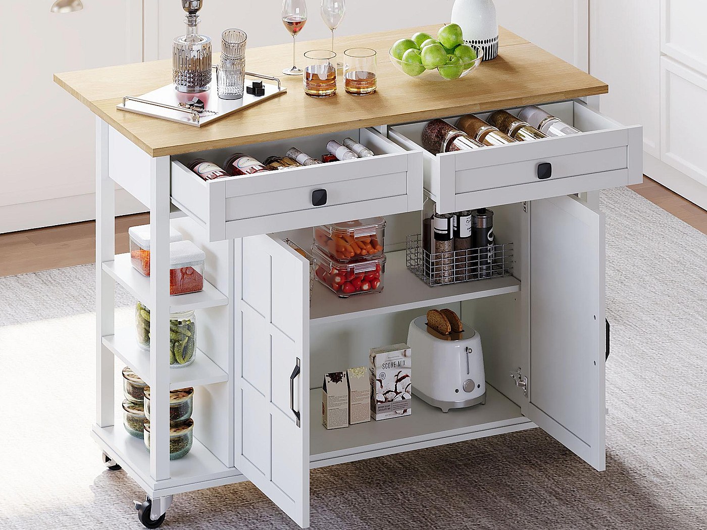 Isla de cocina móvil - encimera extensible - 2 cajones y 2 puertas ...