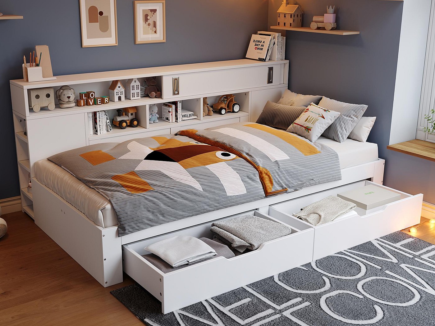 Lit banquette 140x200 cm - avec 2 tiroirs - avec étagères et armoires ...