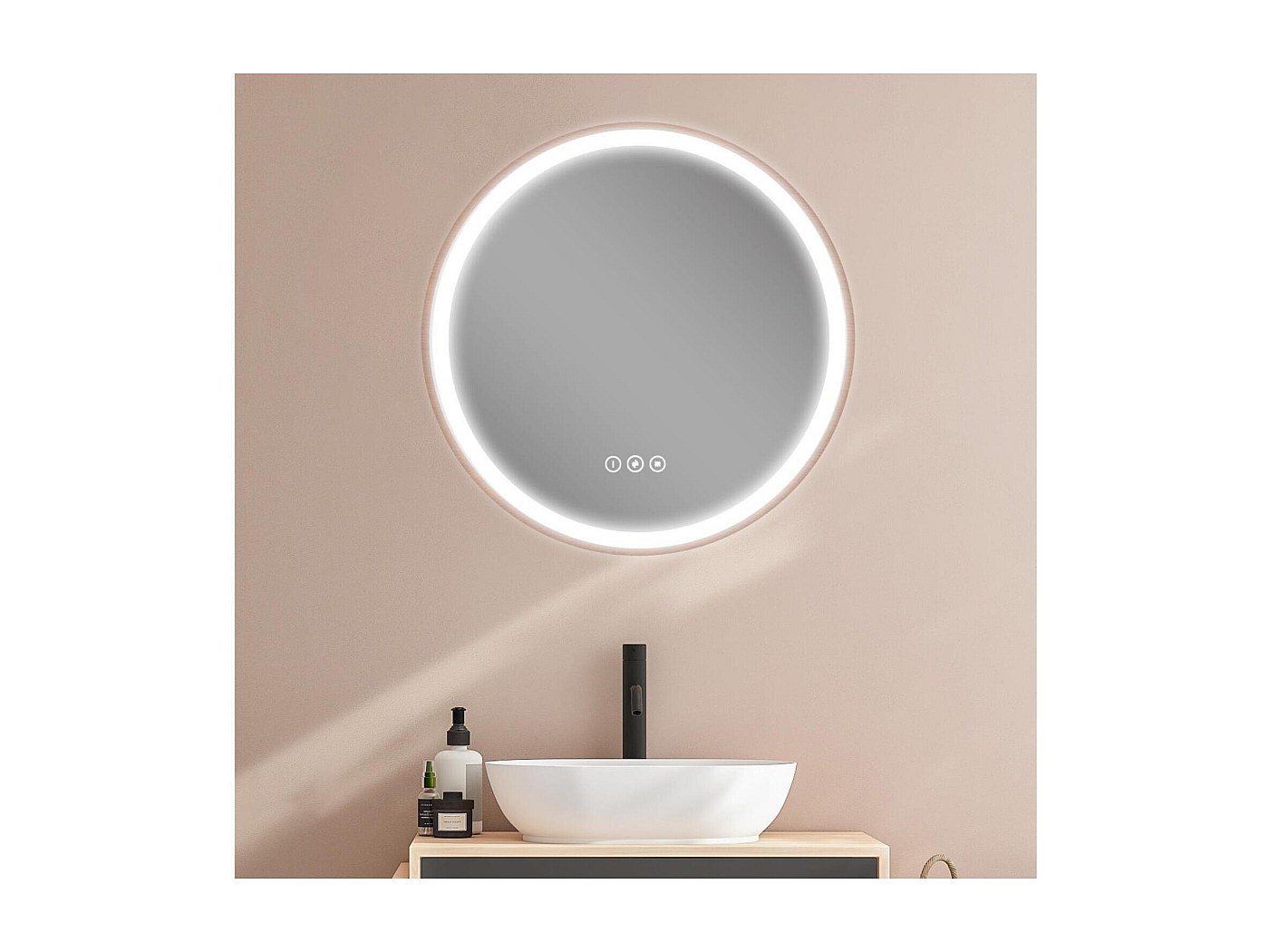 Espejo LED redondo con marco de madera GLIMMA