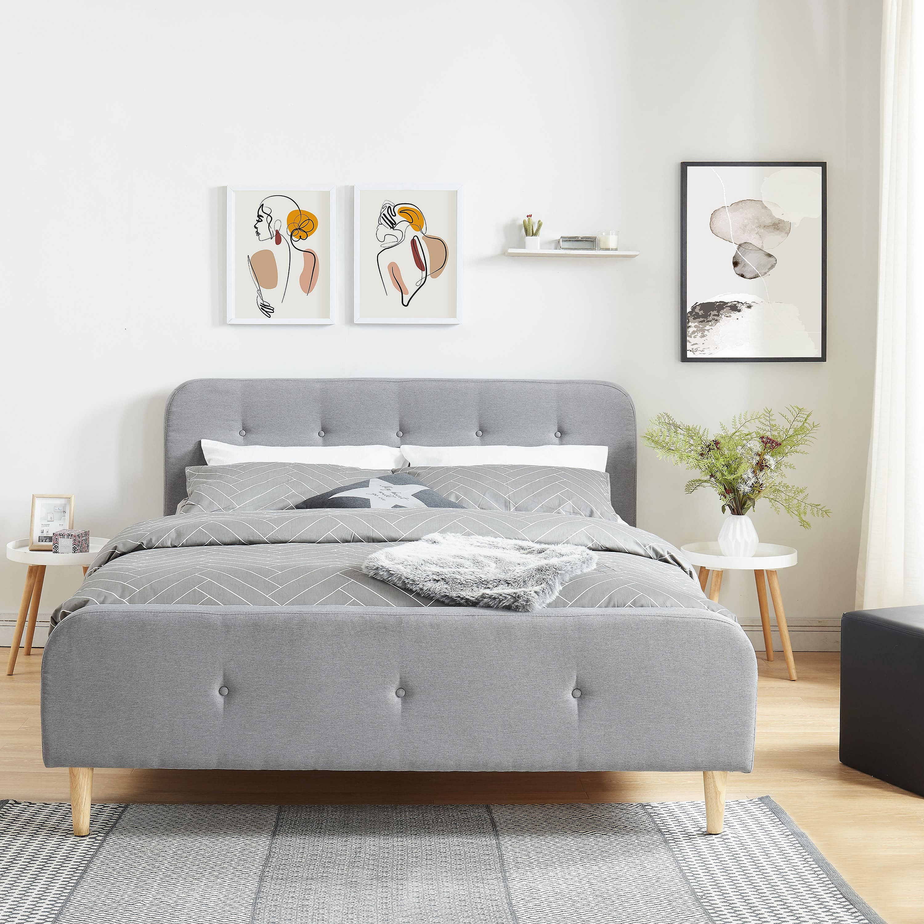 Lit double LOLA tissu gris perle 140x190 sommier inclus