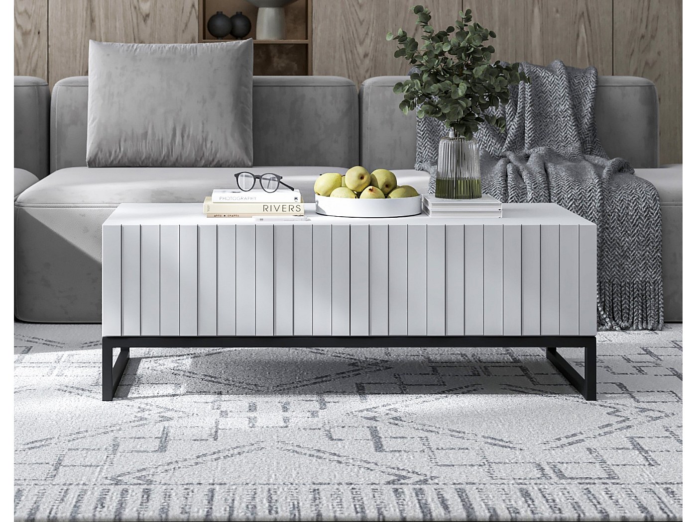 Table basse avec 2 portes - Corps Blanc mat, façades rainurées Blanc ...