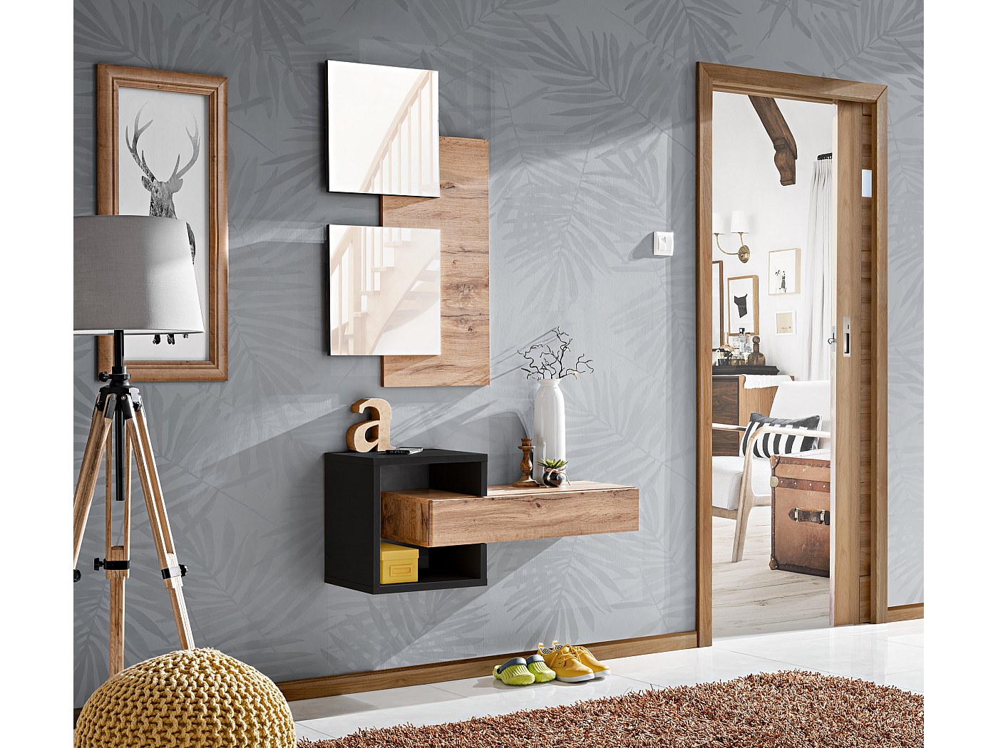 Mobile ingresso 100x160cm sospeso con specchi design moderno rovere e ...