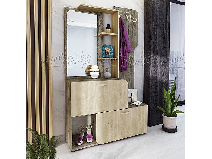 Mobile ingresso con specchio e ripiani117x188,5 grigio e rovere chiaro IU17