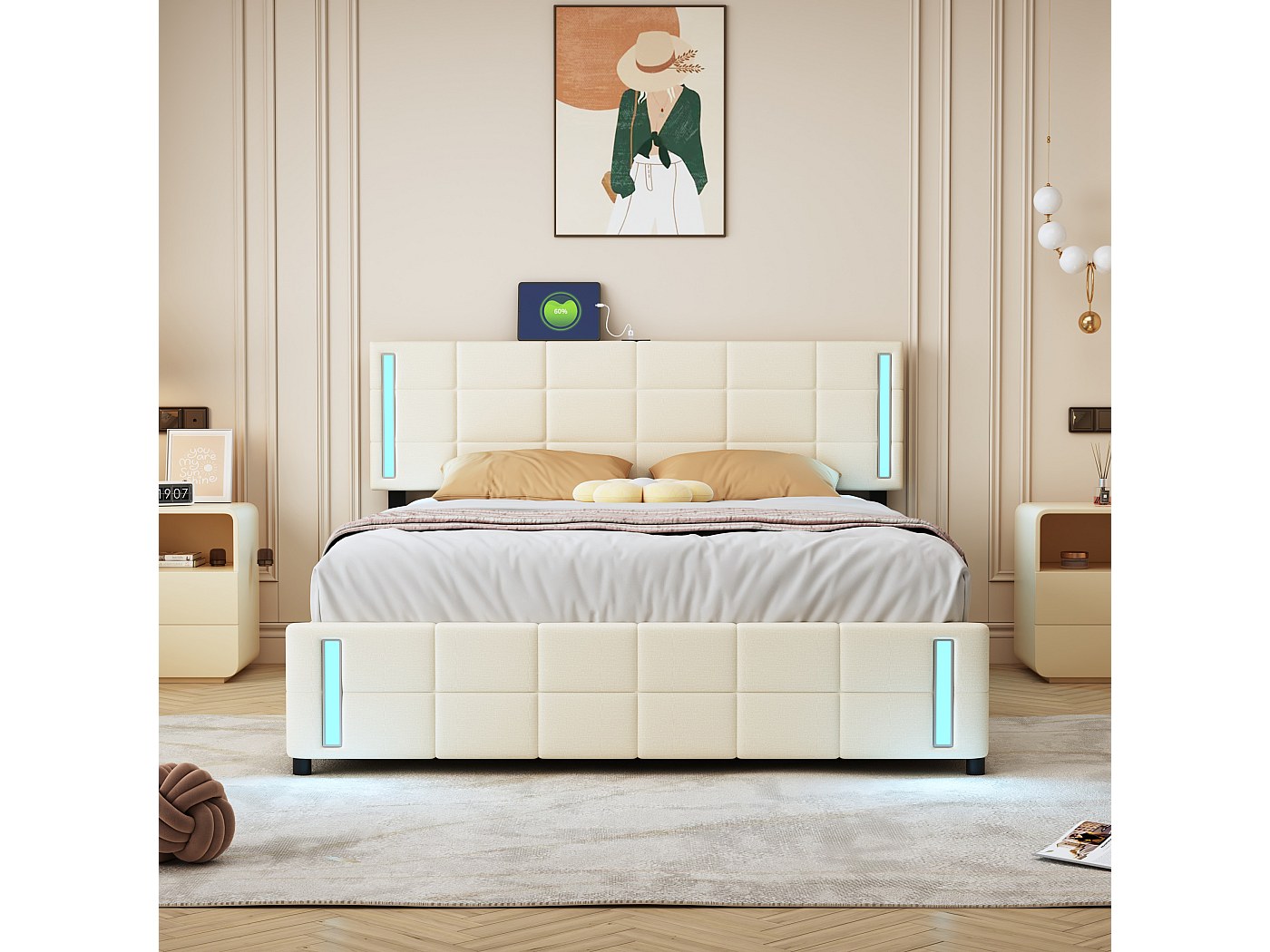 Cama para adulto/criança 140x200 cm em linho bege, com 4 gavetas, LED e ...