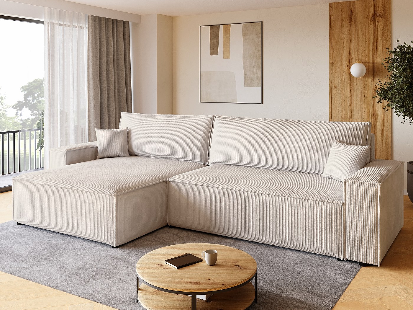 Canapé d'angle convertible en velours côtelé vanille ADI XL