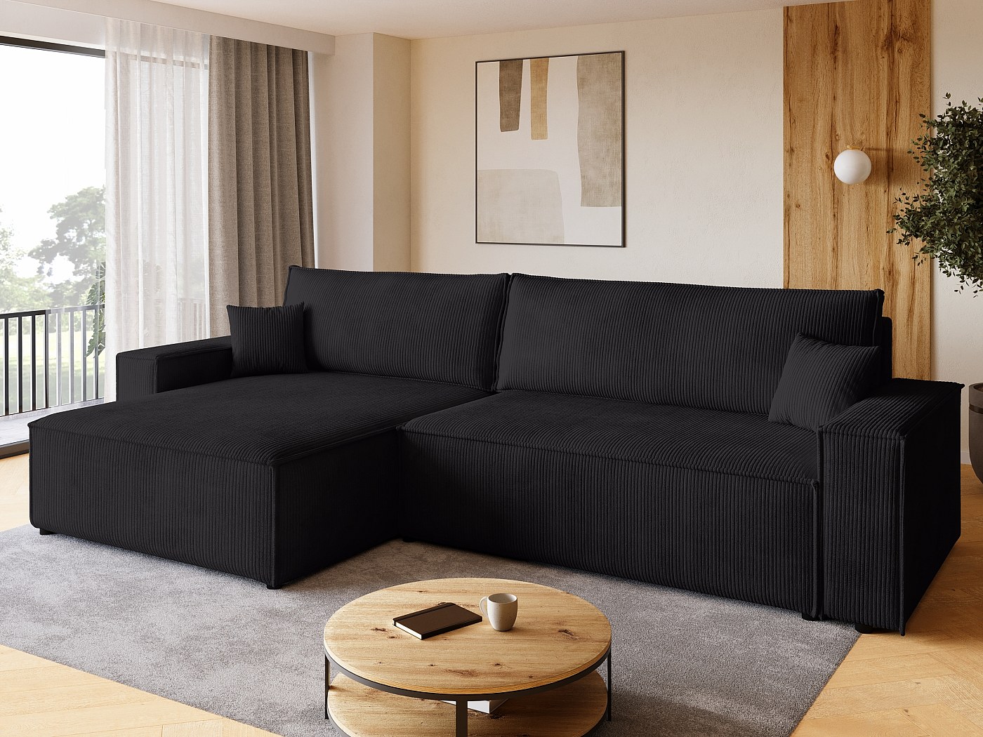 Canapé d'angle convertible en velours côtelé noir ADI XL