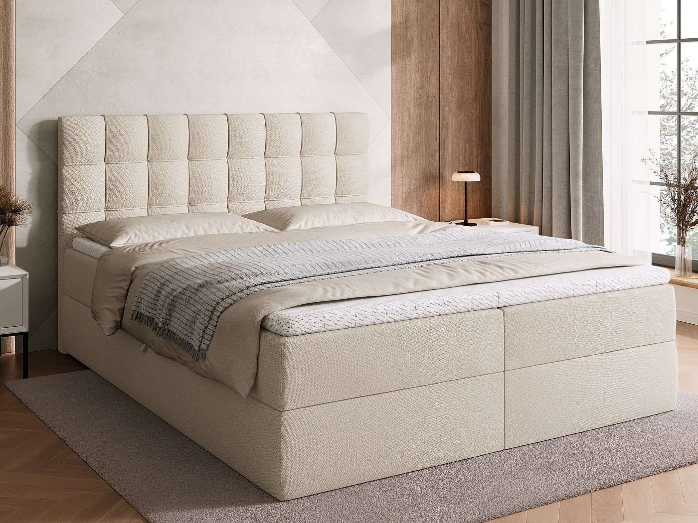 Lit boxspring avec rangement DETROIT - matelas - surmatelas - beige ...