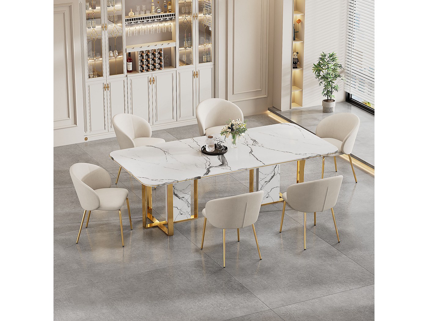 Conjunto de 6 sillas de comedor - 56 x 49 x 76 cm - con reposabrazos y patas de metal dorado ...