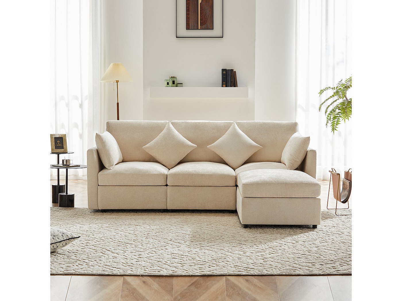 Sofá de canto em L - 216 x 161 x 81 cm - sofá de 4 lugares - com pufe ...