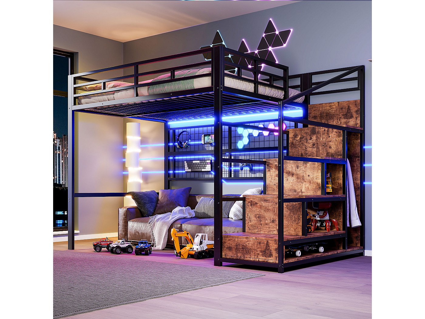 Lit mezzanine pour enfant - 140 x 200 cm - avec armoire + rangements dan l'escalier + Leds ...