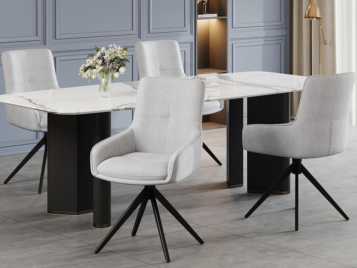 Conjunto de 4 cadeiras giratórias - com apoios de braço - Linho ...