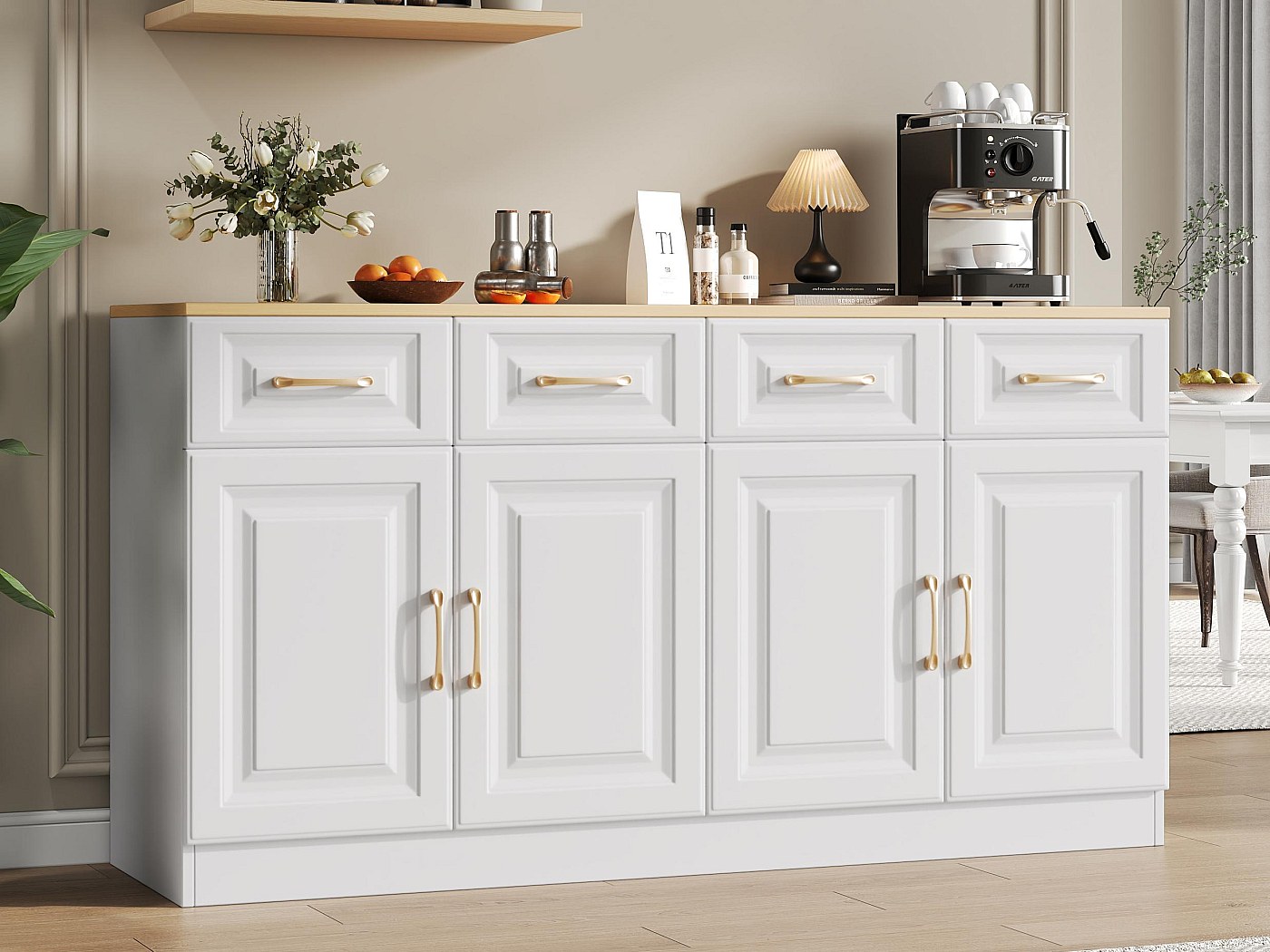 Buffet moderno 140x40x75 cm - 4 cajones y 4 puertas - Blanco