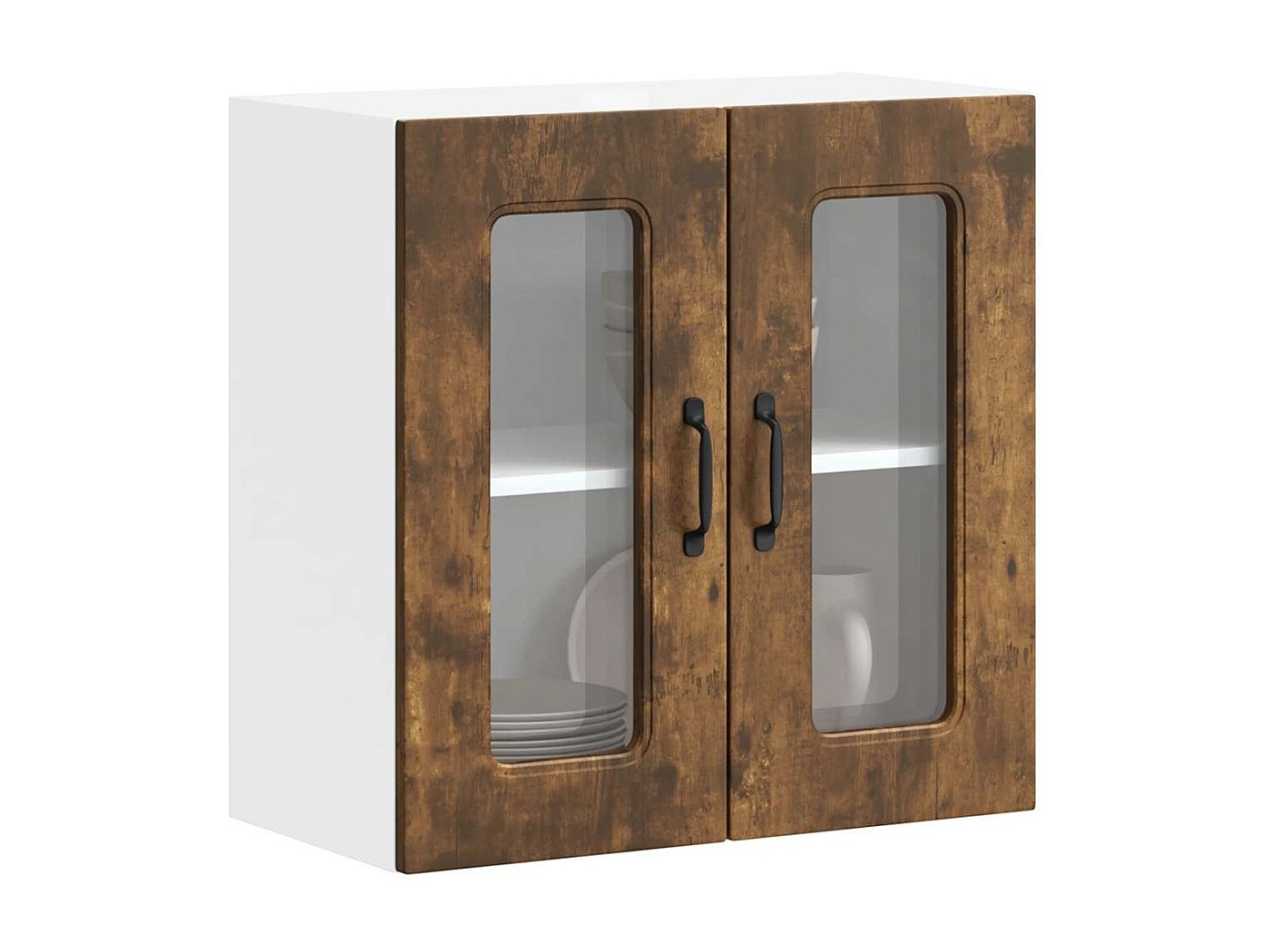 Keukenwandkast met glazen deur bewerkt hout gerookt eikenkleur