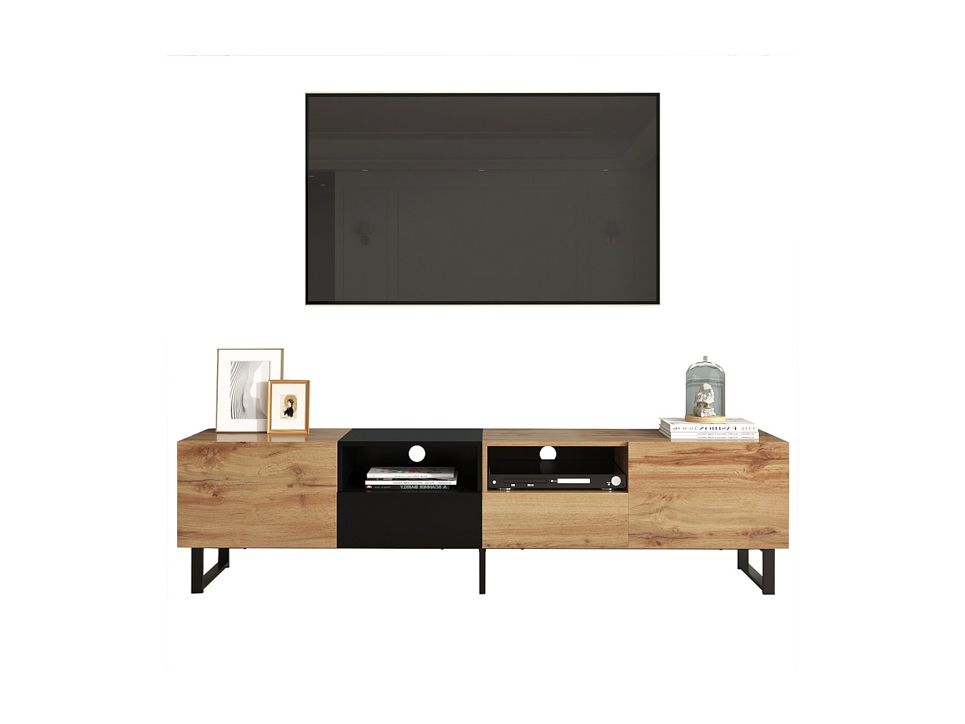 Móvel de TV moderno com design em preto e madeira - amplo espaço de ...