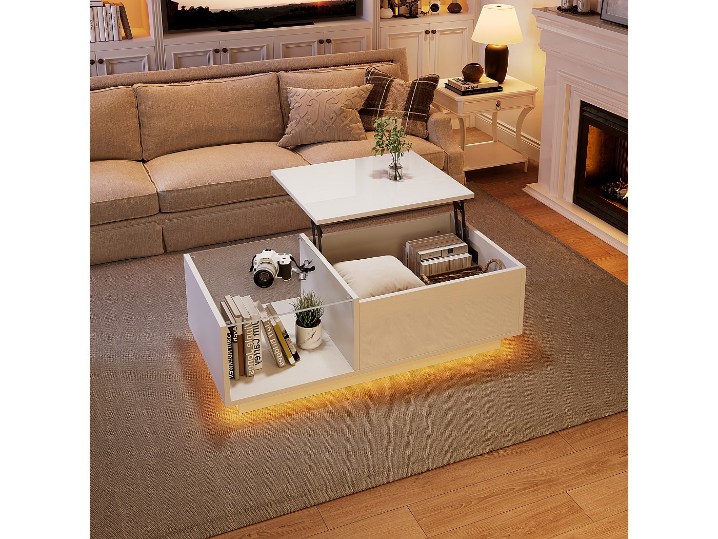 Table basse réglable - 100 x 50 x 33 cm - avec Leds + rangement caché ...