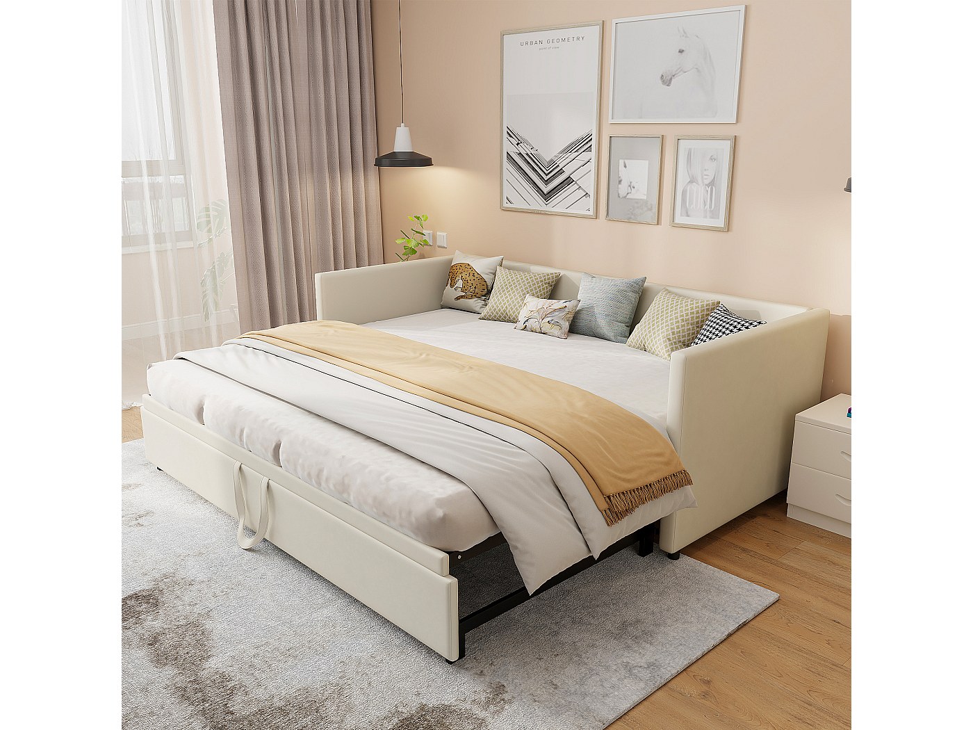 Sofá cama 90/180 x 200 cm, sofá cama extensible con somier de láminas, sofá de 2 plazas, beige