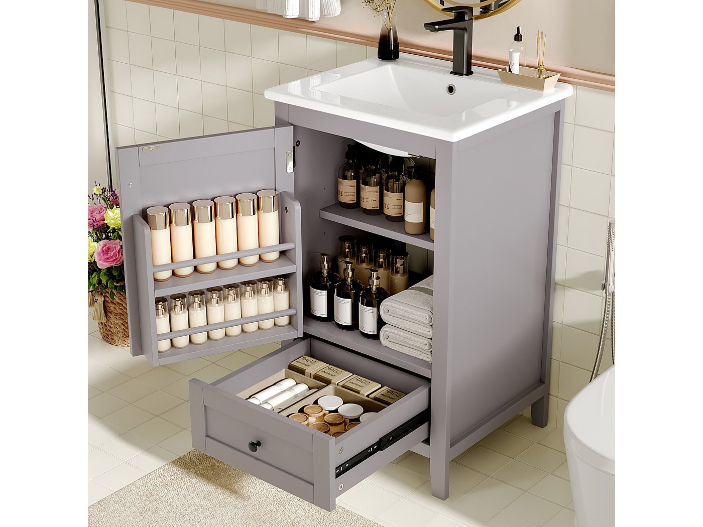 Meuble simple vasque posé au sol - 51 x 46 x 85 cm - avec vasque ...