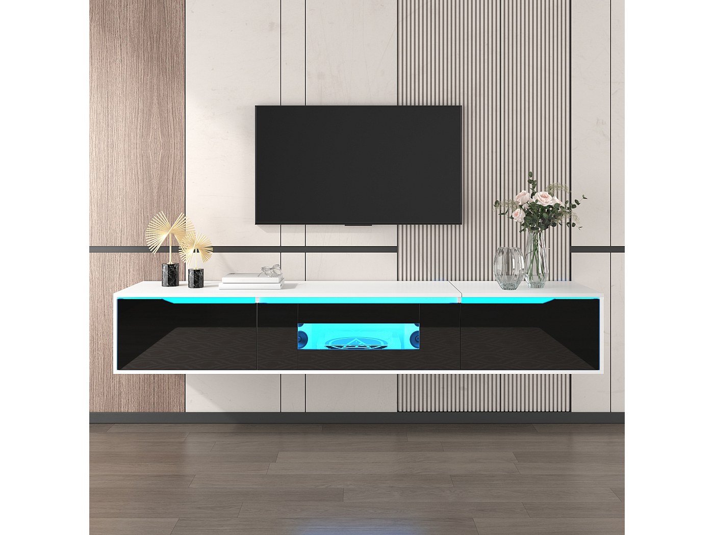 Mueble de TV de pared - Mueble de TV brillante con iluminación LED ...