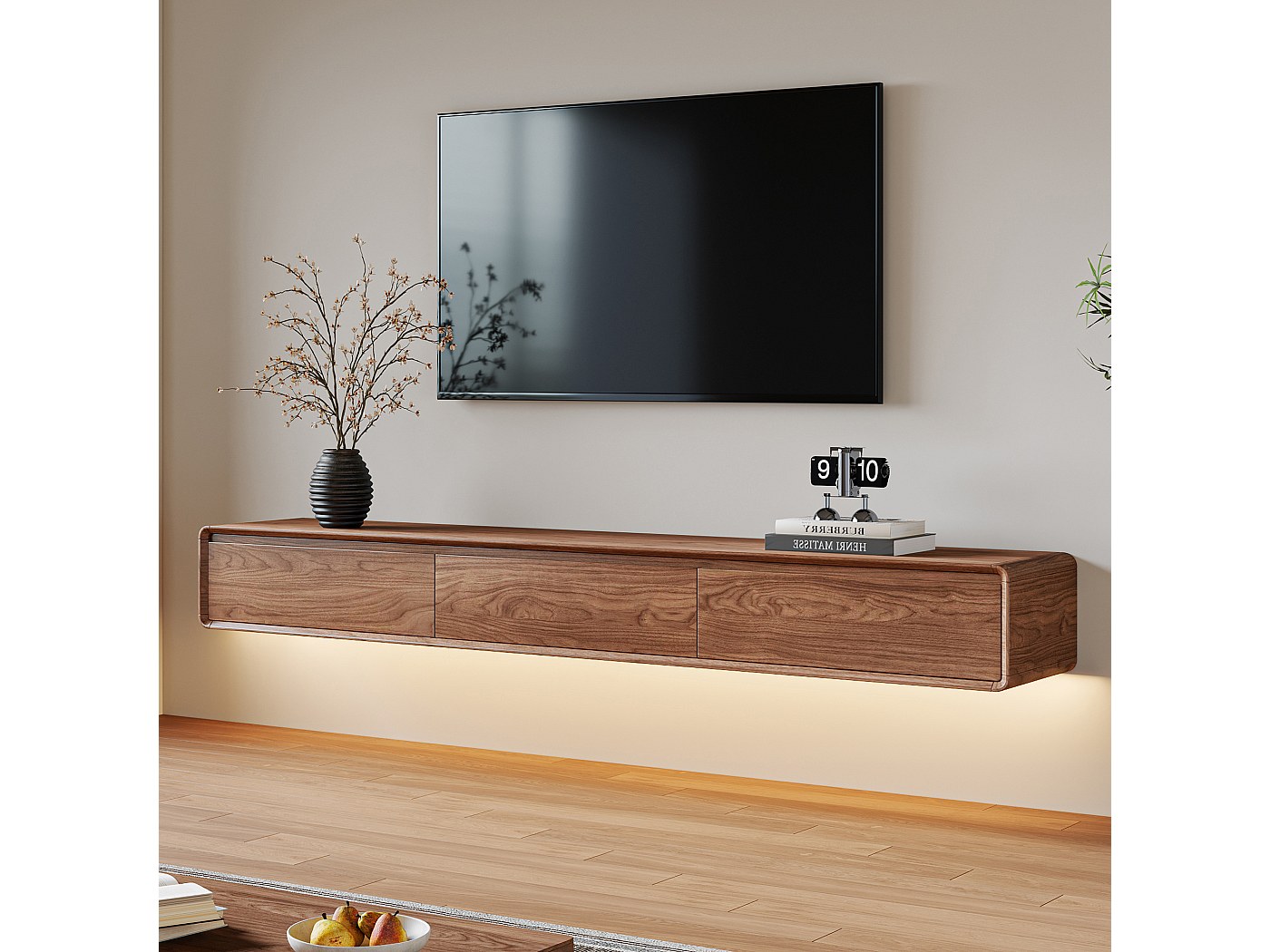 Mueble de TV moderno efecto nogal, 3 cajones, de pie o mural, para ...