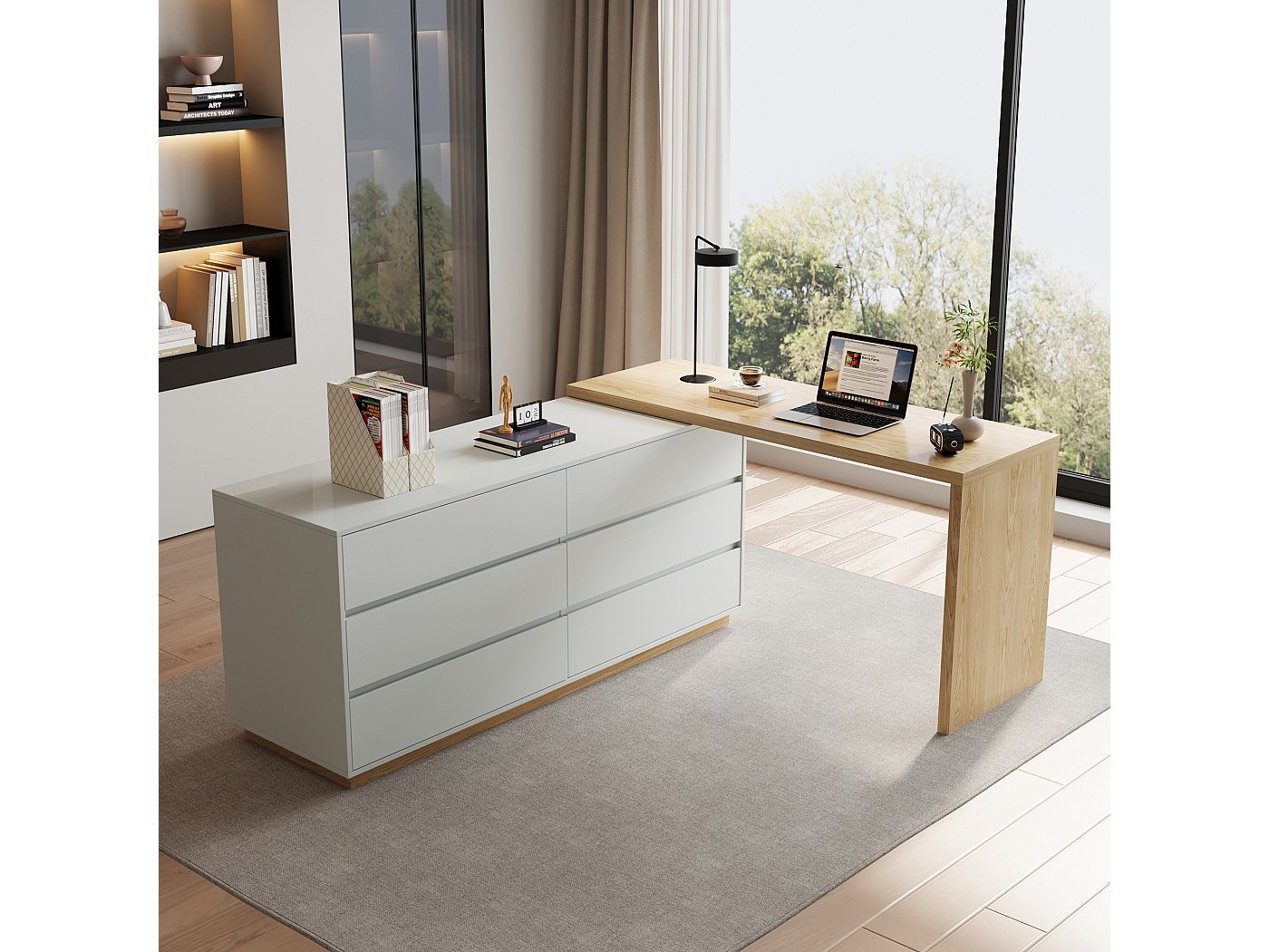 L-vormig bureau met 6 lades, computerbureau met verstelbaar werkstation, houten tafelblad met ...