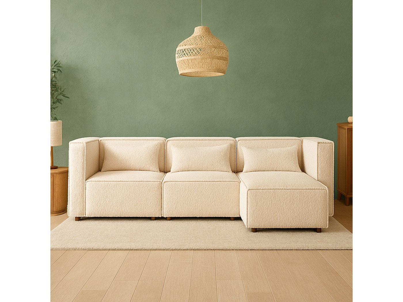 Divano Modulare 3 Posti Bouclê Beige con Pouf - Confortevole e Flessibile