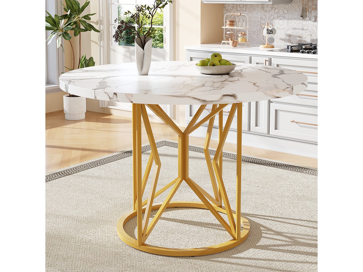 Table à manger ronde 4 personnes, plateau en placage marbre blanc avec ...